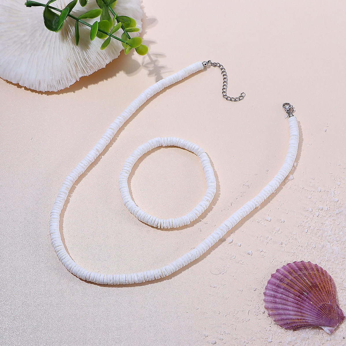 FASACCO Puka Shell Necklace Bracelets for Men Shell Necklace White Puka Shell Necklace Shell Bracelets Surfer Necklace with Extender Chain 16inch