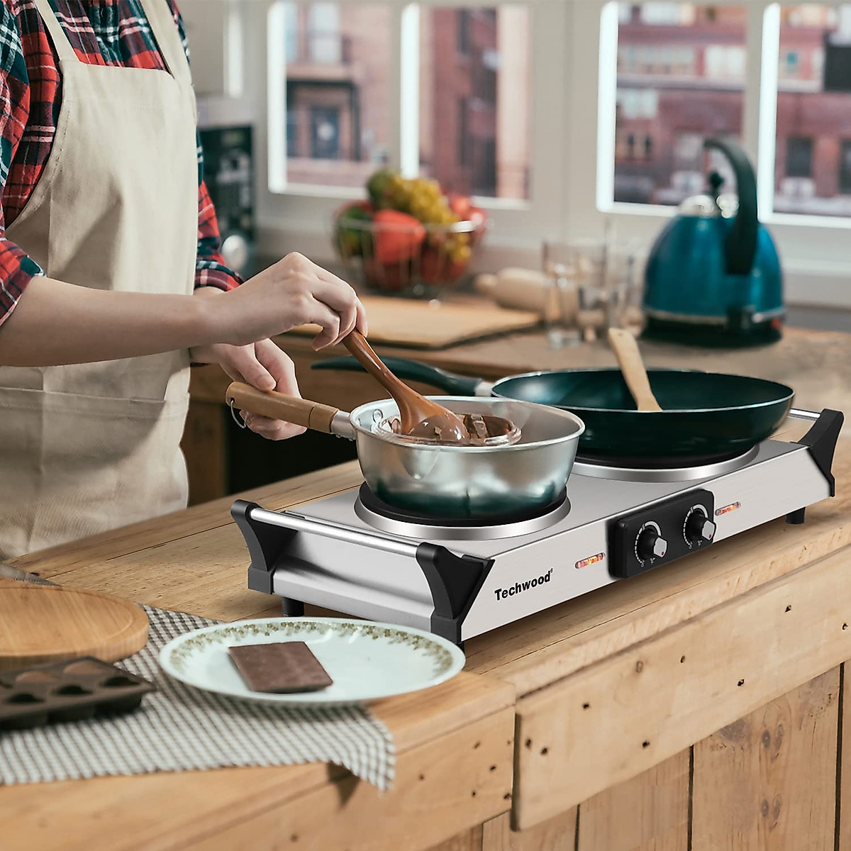 Hot Plate, Techwood Double Burner for Cooking, 1800W Countertop Electric Stoves with Adjustable Temperature & Stay Cool Handles, Dual Cooktop for RV/Home/Camp, Upgraded Version Stainless Steel, Silver