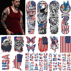 Aresvns Independence Day Temporary Tattoo 32 Sheets,USA Flag Sleeve Tattoo,Red White and Blue Party Supplies, 4th of July, Memorial Day, Labor Day Decorations Patriotic Tattoos