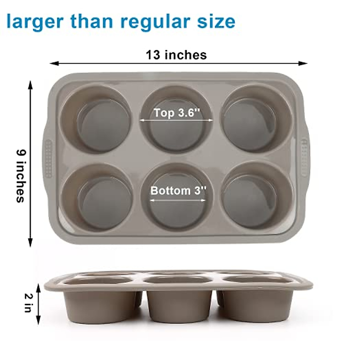 Aichoof 3.6 inch Jumbo Muffin Pan 6 Cups, Silicone Muffin Pan Set of 2 Gray, Muffin Pans For Baking Nonstick, Muffin Tin BPA Free, Large Muffin Pan Dishwasher Safe