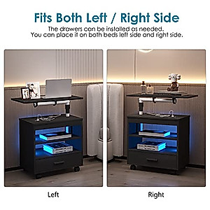 dnbss LED Nightstand with Charging Station & Sockets, Smart Bedside Table, Modern Night Stand for Bedroom, Large Side End Table, 360° Laptop Tray Workstation, Drawer, Open Shelf, Wheel (Black)