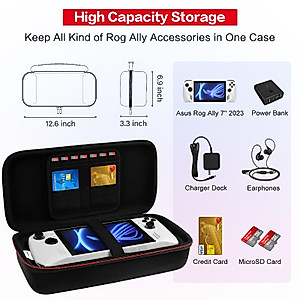 ivoler Carrying Case for Asus Rog Alloy 7''2023/Asus Rog Ally X 2024, Portable Hard Shell Pouch Travel Bag Built-in Gaming Charger Dock Storage, Holds 7 MicroSD and 2 Credit Sized Cards -Black