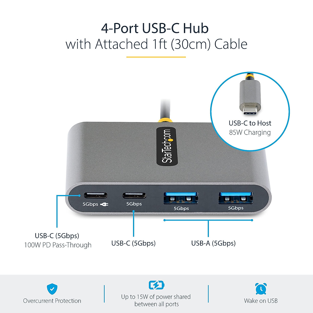 StarTech.com 4-Port USB-C Hub with 100W Power Delivery Pass-Through - 2X USB-A + 2X USB-C - 5Gbps - 1ft (30cm) Long Cable - Portable USB Type-C to USB-A/C Hub - USB-C Splitter (5G2A2CPDB-USB-C-HUB)