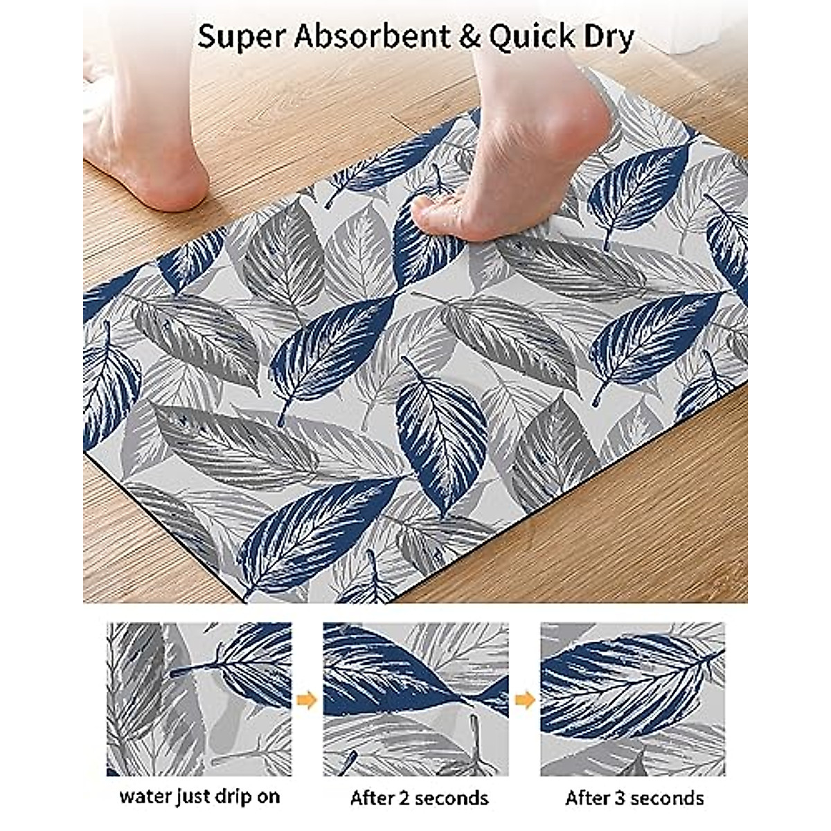 Gogobebe Super Absorbent Diatom Mud Mat Navy Blue Gray Leaves Leaf Texture Quick-Drying Thin Bath Mat Non-Slip Bathtub Mat Anti-Skid Rubber Bathroom Shower Mat 16x24in