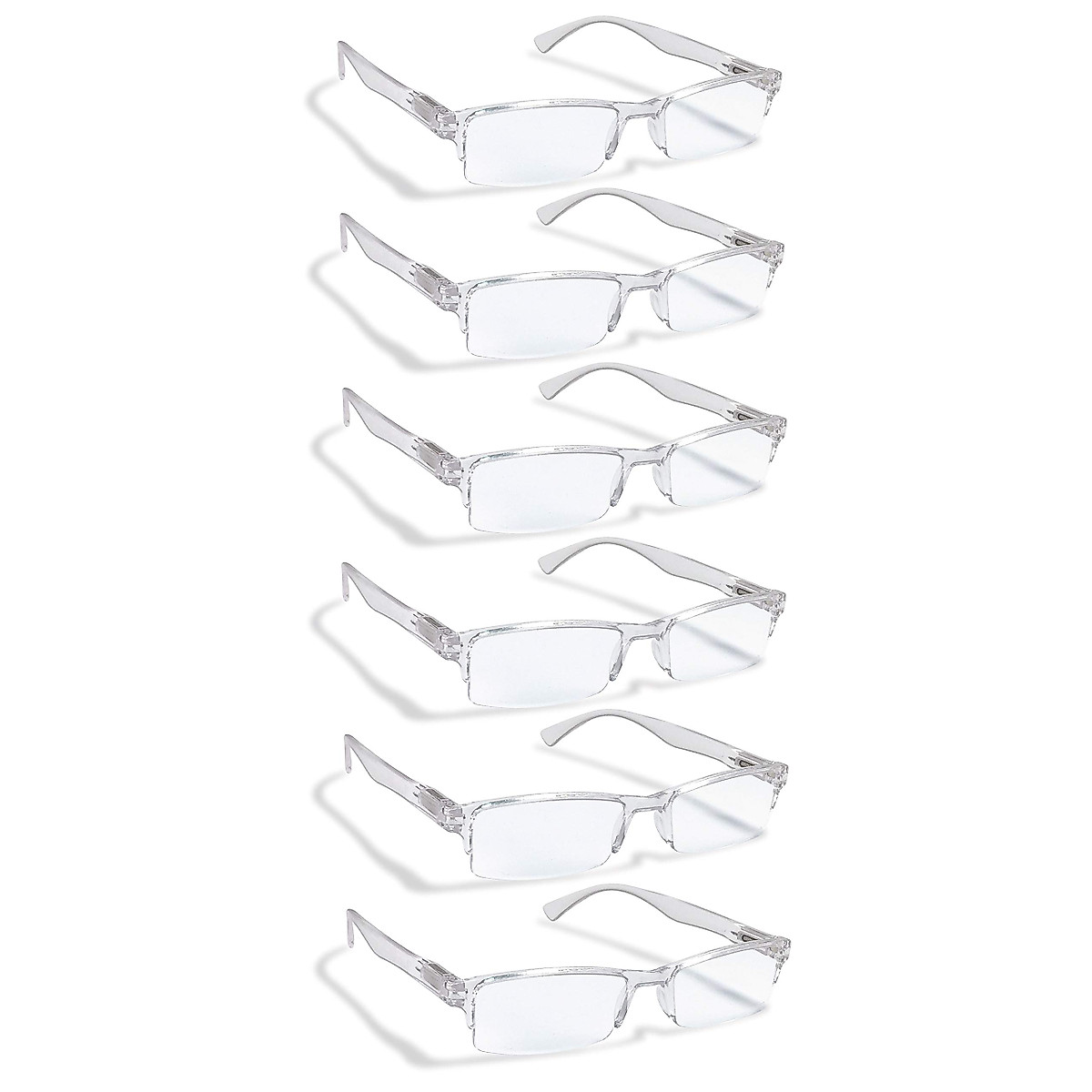 Boost Eyewear 6 Pack Reading Glasses, Clear Half Rim Frames, for Men and Women, with Comfort Spring Loaded Hinges, Clear, 6 Pairs (+1.50)
