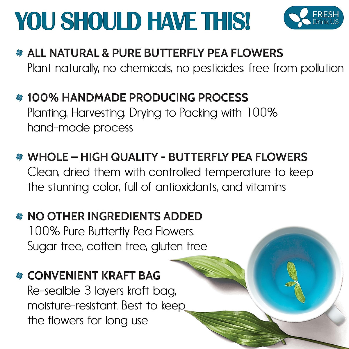 FreshDrinkUS, Premium 1010+ Butterfly Pea Flowers, 100% Natural & Pure from Whole Blue Butterfly Pea Flowers, Wildcrafted, Dried Blue Butterfly Pea Flowers Herbal Tea, No Gluten, Vegan