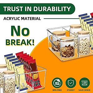 Generic 2 Pack Pantry Organizer Bins with Removable Dividers, 4 Divided Sections, Clear, Sturdy & Lightweight, Perfect for Cabinet, Kitchen, Pantry & Refrigerator Organization