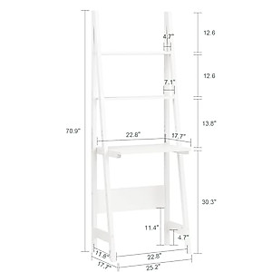 Haotian Ladder Shelf Desk Freestanding Bookshelf Space Saving Workstation Dresser Shelf Leaning Computer Desk with Shelves for Small Space, White FRG60-W