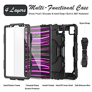 iPad Pro 12.9-inch 6th/5th/4th Generation Case 2022/2021/2020 [with Tempered Glass Screen Protector], BASE MALL Full-Body Protective Case, Pencil Holder,Rotating Kickstand, Hand/Shoulder Strap (Black)