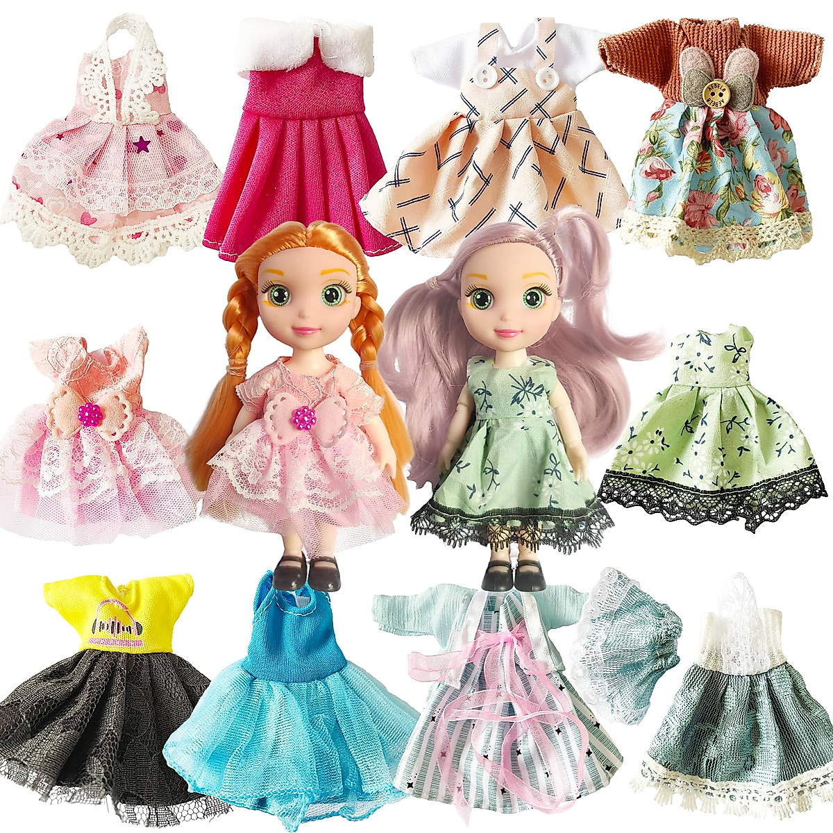 Huang Cheng Toys 6.3" Mini Girl Dolls, Include 10 Sets Handmade Doll Clothes, 5 Sets 6.3" Small Girl Dolls, 5 Pairs of Shoes