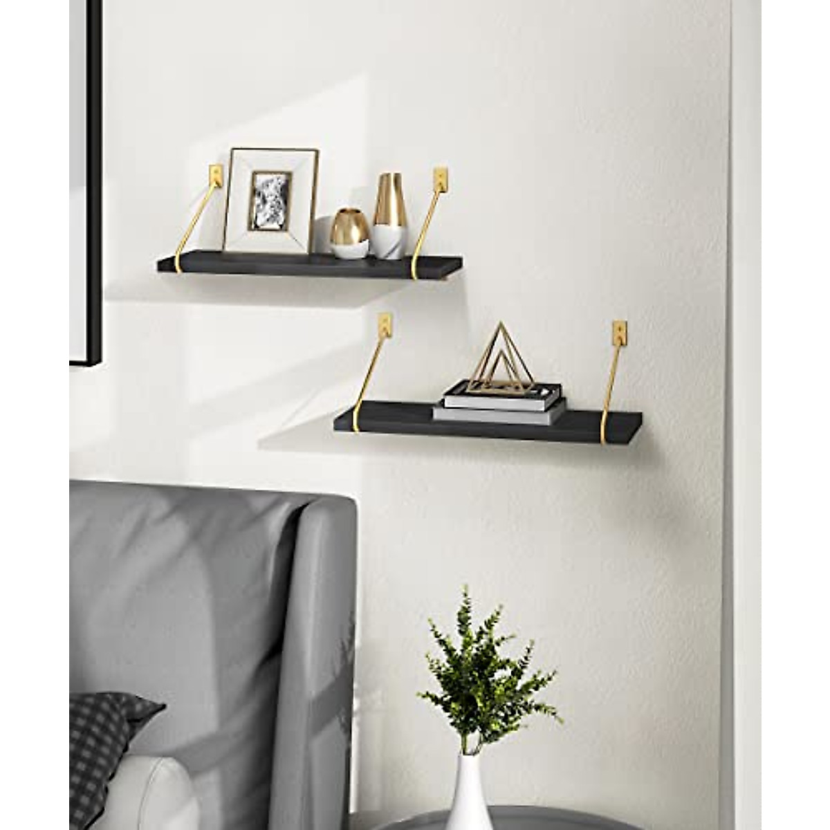 Gronda Black Floating Shelves Set of 2, Black Gold Wall Shelves Minimalist Modern Wall Decor Wooden Bookshelves Trophy Display Storage Plants Floating Shelves Wall Mount Living Room Bedroom Bathroom