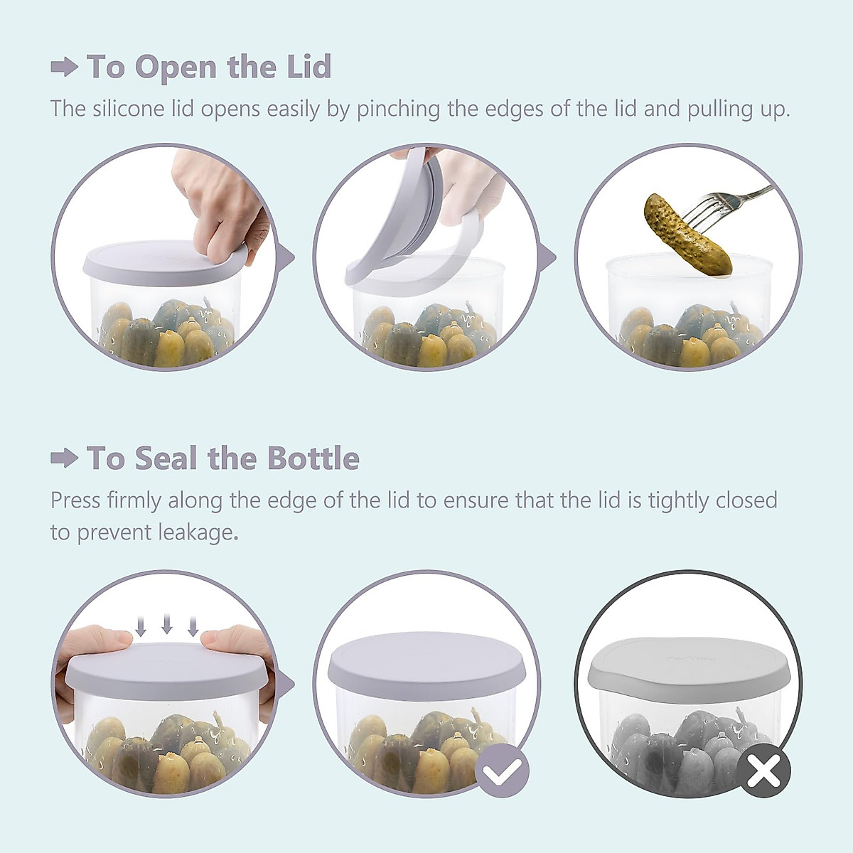 ForTidy Pickle Container with Strainer Flip and Label - 47 oz Airtight Olive Jar, BPA-Free, Dishwasher Safe, Goodbye Juice Finger, Kitchen Organization Must-Have Versatile Food Saver (Grayish White)