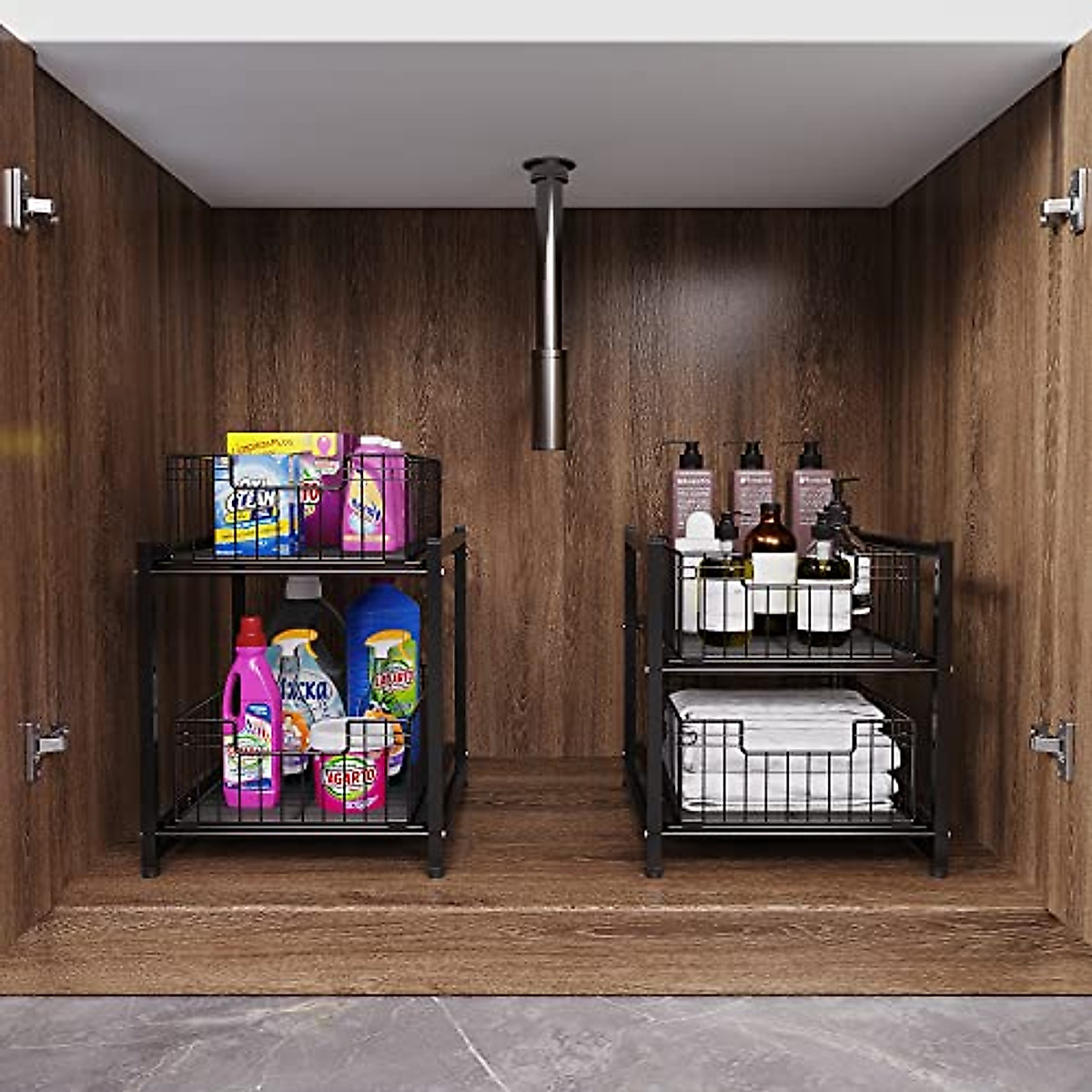 GCWPINFO Under Sink Organizers and Storage,2-Tier Pull-Out Cabinet Organizer with Sliding Drawers,Stackable Under Sink Organizer for Kinchen&Bathroom(Black)