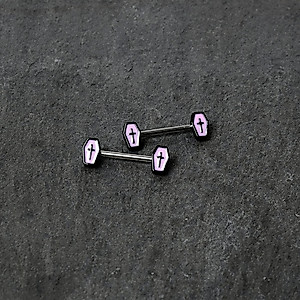 Body Candy 14G Womens Nipplerings Piercing 316L Steel 2Pc Glow in the Dark Purple Coffins Nipple Ring Set 9/16"