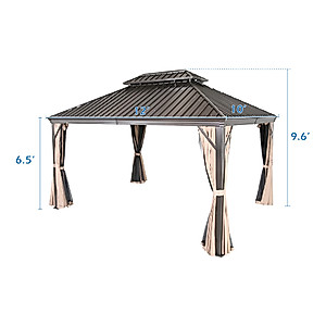 10'x12' Hardtop Gazebo, Outdoor Aluminum Permanent Pavilion Gazebo with Curtains and Netting, Brown Galvanized Steel Metal Double Roof Canopy Gazebo and Aluminum Frame for Patios, Gardens, Lawns