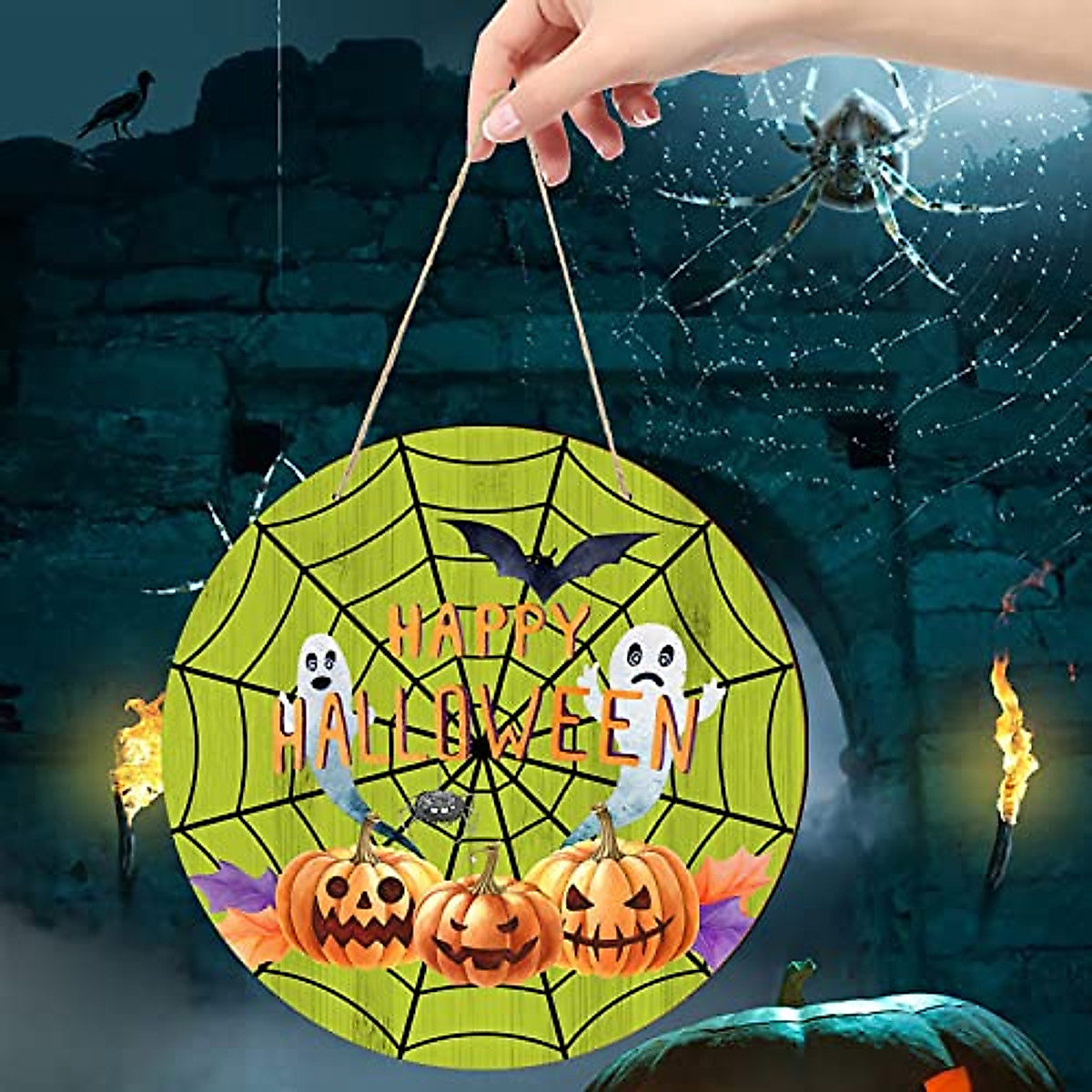 FRAKYEN Halloween Wood Door Sign Halloween Decoration Door Hangers Halloween Welcome Sign Front Door Halloween Wreath Farmhouse Halloween Decoration