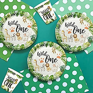 FVABO Wild One Birthday Decorations - Jungle Theme Party Supplies Tableware Includes Plates, Cup, Napkin, Balloon, Backdrop, Tablecloth, Straw, Cutlery, Banner, Safari Theme 1st Birthday Decorations