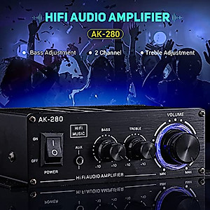 Facmogu AK280 200W+200W Mini 2.0 CH Audio Power Amplifier, 2.0 CH Receiver Speaker Amp with 12V 5A Power Supply, Bass & Treble Control Music Player Sound Amplifier for Car Home Garage