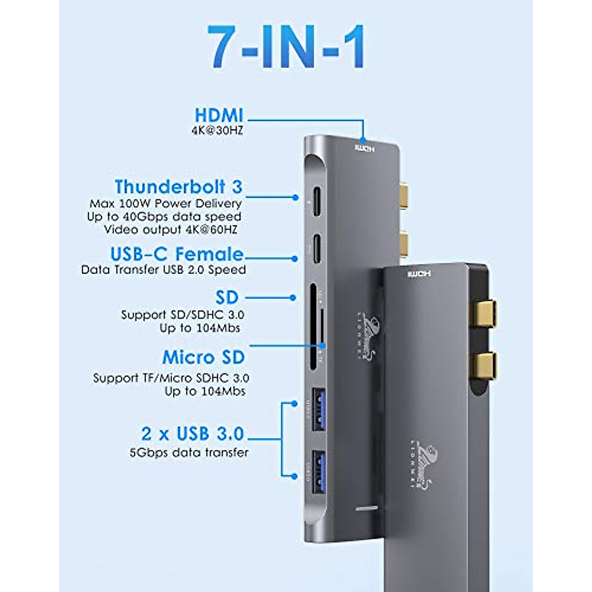 LIONWEI USB C Hub Adapter for MacBook Pro 2020, Multiport USB Adapter HDMI MacBook Pro Dongle for Card Readers with 4K HDMI, 2 USB 3.0, TF/SD, USB-C 100W and Thunderbolt 3 for MacBook Pro Air