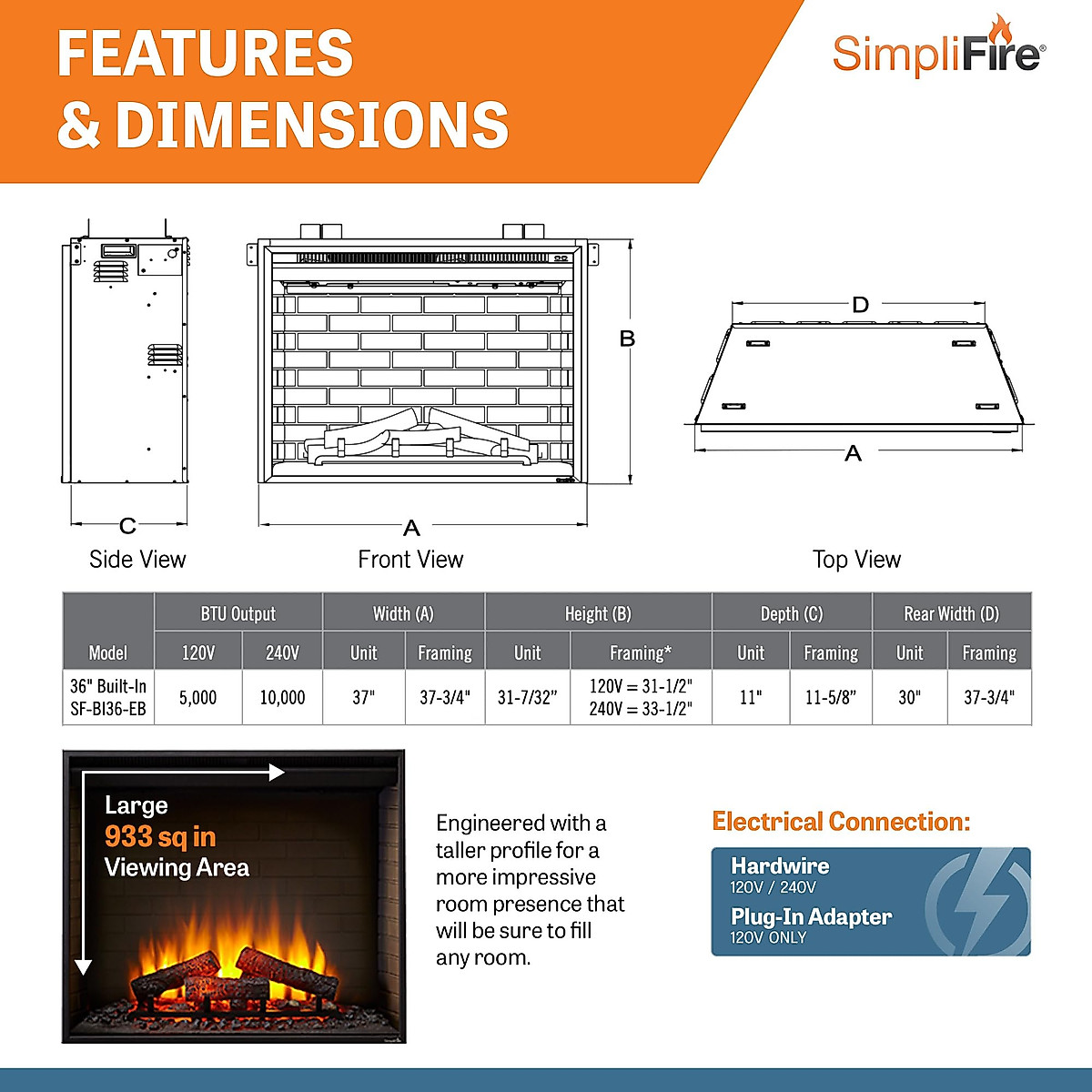 SIMPLIFIRE 36" Built-in Metal Electric Fireplace - Black, SF-BI36-E