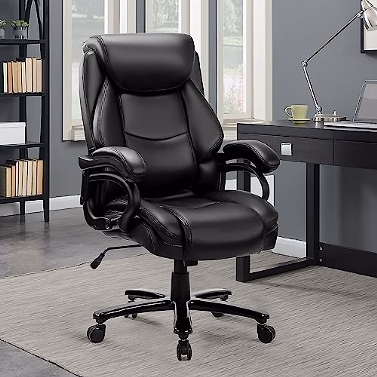 Big and Tall Office Chair 500lbs Large Heavy Duty High Back Executive Computer Office Desk Chair Height Adjustable Rocking Function Wide Thick Seat Ergonomic Desk Chair with Lumbar Back Support
