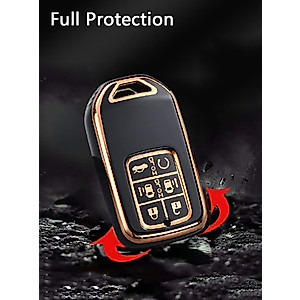 SANRILY Soft TPU Golden-edge 6 Button Key Fob Cover for Honda Odyssey Freed Elysion Keyless Full Protection Key Fob Case with Leather Keychain Beige