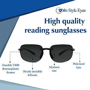 In Style Eyes Lovin Mawi Wrap Around Bifocal Sunglasses, Rimless Reading Glasses with UV Protection - Polarized Lens - Black - 2.5x