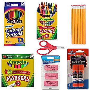 School Supply Basics - Supply Pack for Pre-school, 1st, 2nd, and 3rd Grade - Markers, Colored Pencils, Lead Pencils, Crayons, Scissors, 2 Glue Sticks, 3 Erasers