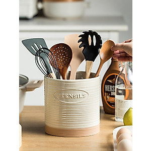 YHOSSEUN Utensil Holder for Kitchen Counter, Oval Utensil Crock Rustic Utensil Organizer for Countertop, 6.7" Ceramic Kitchen Tool Holder Two-tone Finish, Housewarming Cooking Gifts