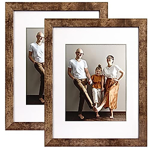 Hap Tim 11x14 Picture Frame Set of 2,Each Carbonized Black Wood Pattern Frame with 2 Mats,Display 8x10 or Four 4x6 Photos with Mat,11x14 Picture Without Mat for Wall Display