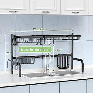 PETSITE Over Sink Dish Drying Rack, 21"-39" Length Adjustable, 2-Tier Dish Drainer for Kitchen Counter Storage, with 4 Baskets and 8 Hooks, Cutting Board & Utensil & Knife Holder, Above Sink Dish Rack