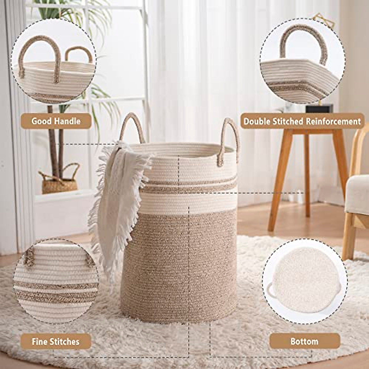 BRAIN & DANY 72L Woven Laundry Basket, Tall Cotton Rope Laundry Hamper with Handles, Large Dirty Clothes Basket Collapsible for Nursery, Bathroom, Laundry Room Organization, Bedroom Storage, Brown & White