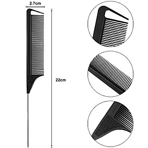 12 Pieces Hair Parting Comb Pin Tail Combs Fine-tooth Comb Rat Tail Combs Carbon Fiber and Stainless Steel Pintail Comb for Braids Hair Styling Beauty Tools (Black)