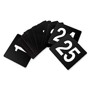 New Star Foodservice 23145 Double Side Plastic Table Numbers, 1 to 25, 4" x 4", Light Grey on Black