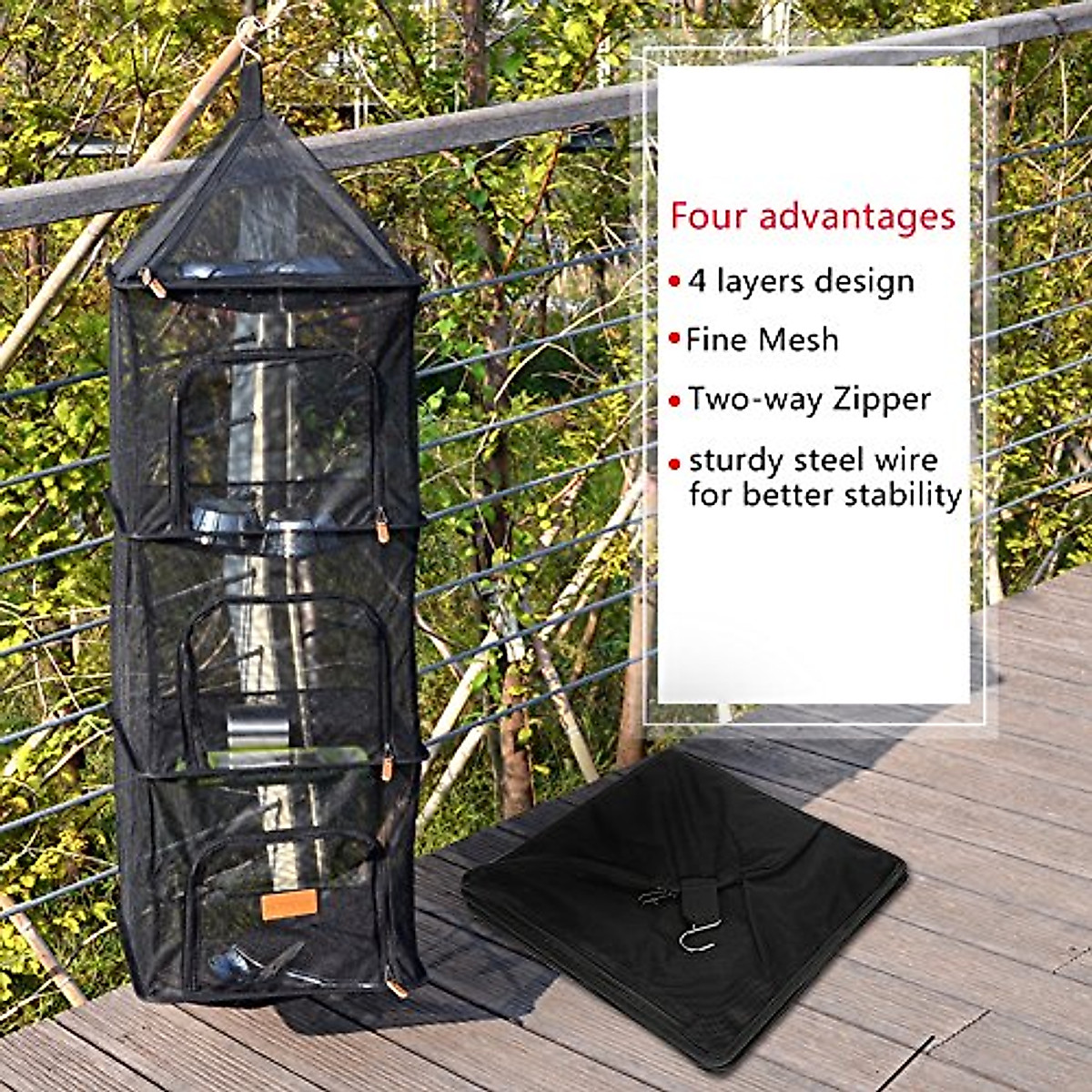Drying Net Rack, Outdoor Foldable 4 Layers Hanging Shelves Dry Rack Net Zipper Opening Mesh Netting Food Dehydrator