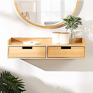 Kate and Laurel Kitt Modern Floating Desk, Natural Wood, Scandinavian Wall Mounted Double Drawer Console Table for Storage and Display, 28x12x6.5