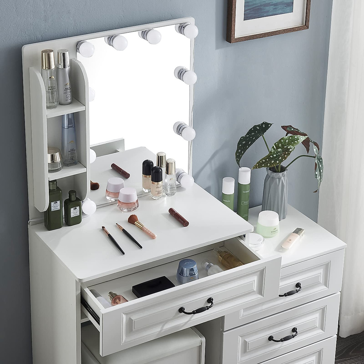 Logimiz Vanity Desk with Mirror and Lights-3 Colors Dimmable Lights, Girls White Vanity Table with Drawers and Chair for Bedroom