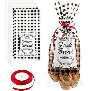 Plastic Bread Bags with 1 Roll Tie Ribbon Large Transparent Clear Bakery Bags Buffalo Plaid Grocery Christmas Bread Bags for Homemade Bread Daily Use, 18 x 8 Inch (50 Pieces)