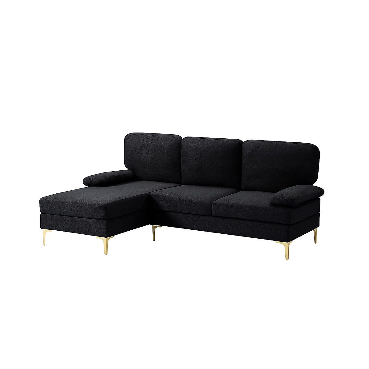 POCIYIHOME 79.5" Left Hand Facing Sectional Sofa Couch with 2 Detachable Armrest Pillows, Modern Fabric 3-seater L Shape Chaise with Gold Metal Legs for Living Room,Apartment,Office, Polyester, Black