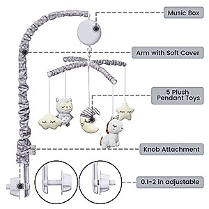 Baby Crib Mobile, Nursery Mobile for Crib with Music Motor Spinner, Musical Crib Toys for Infants 0-6 Months Girls and Boys, Crib Mount Mobiles with 36 lullabies, Gray