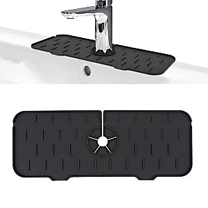 Kitchen Faucet Sink Splash Guard, Silicone Faucet Water Catcher Mat – Sink Draining Pad Behind Faucet, Rubber Drying Mat for Kitchen & Bathroom Countertop Protect(Black)