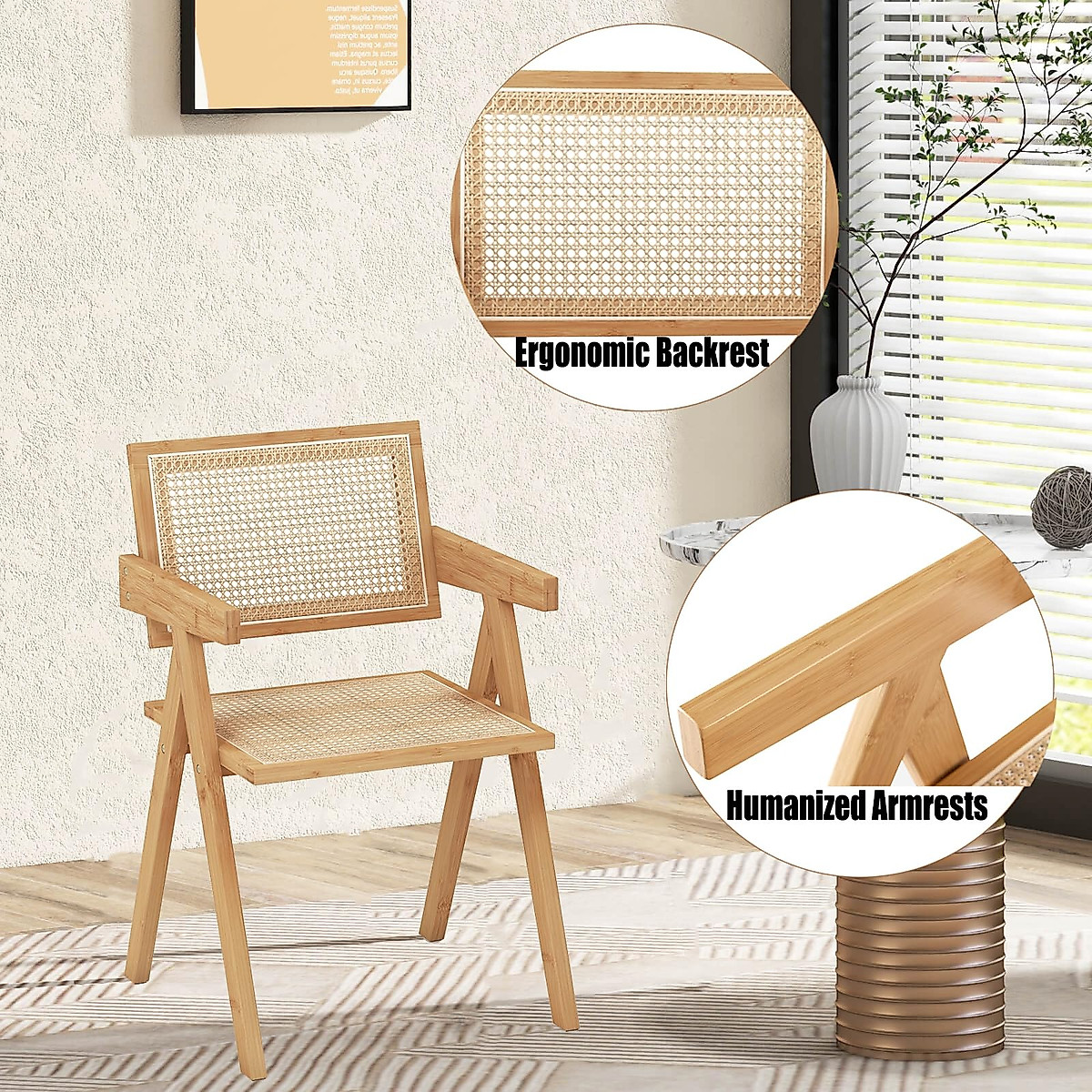 UJOYPAD Rattan Accent Chairs Set of 2,Mid Century Rattan Dining Chairs W/Bamboo Frame,High Back Lounge Armchair W/Anti-Slip Foot Pads,Rattan Side Chair for Dining Room,Living Room,Bedroom