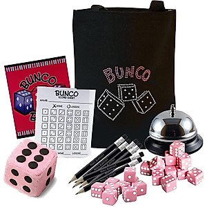 Bunco Game Kit with Crystal Tote Bag - Includes 9 Pink Dice, Bunco Score Sheets, Pencils, Bell, & 3 Inch Plush Dice - All of The Bunco Party Supplies You Need!