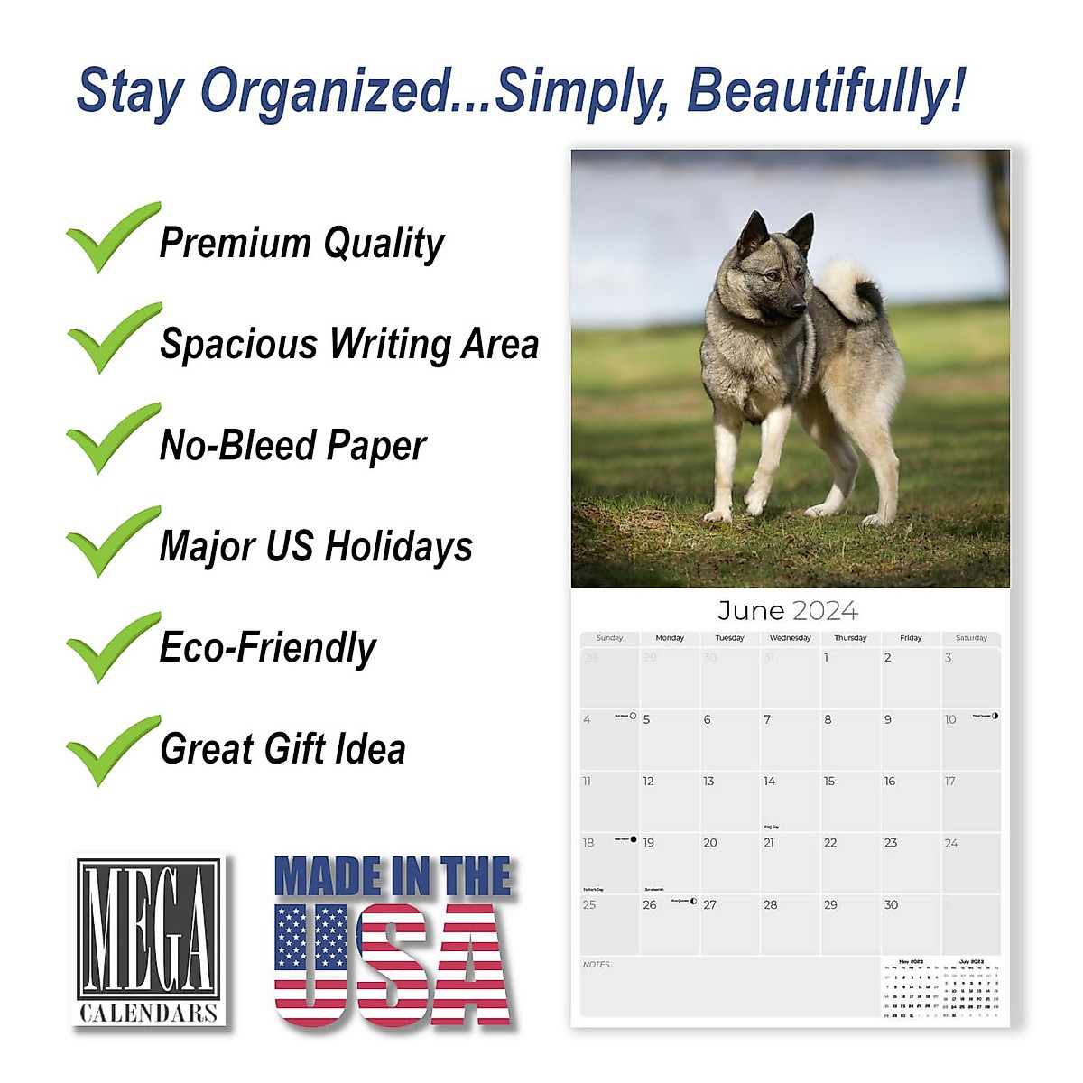 2023 2024 Norwegian Elkhound Calendar - Dog Breed Monthly Wall Calendar - 12 x 24 Open - Thick No-Bleed Paper - Giftable - Academic Teacher's Planner Calendar Organizing & Planning - Made in USA