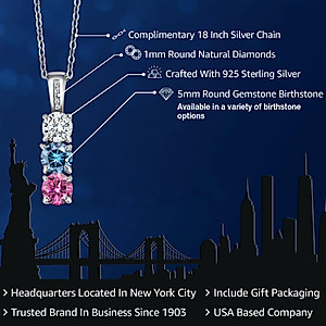 Gem Stone King 925 Sterling Silver Build Your Own Personalized Round 3 Birthstones with Diamond Fashion Pendant Necklace For Women with 18 Inch Silver Chain
