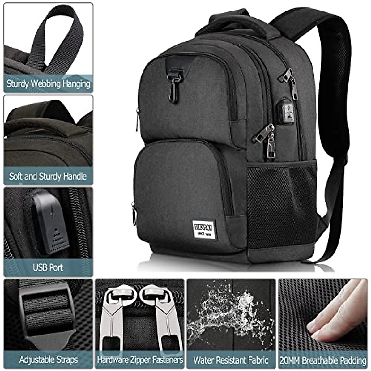 Backpack for Men, Travel Laptop Backpack for College, Computer Bag with USB Charging Port Fits 15.6 Inch Laptop, Water Resistant Durable Bookbag, Business Anti Theft Back Pack Gifts, Black