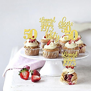 24 PCS Happy 50th Birthday Cupcake Toppers Glitter Fifty Cheers to 50 Legend Since 1973 Cupcake Picks for 50th Birthday Wedding Anniversary Party Cake Decorations Supplies Gold