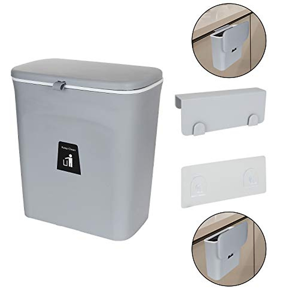 ZOEYES 2.4 Gal Hanging Trash Can for Kitchen Cabinet Door, Small Under Sink Hanging Garbage Can with Lid, Wall-Mounted Waste Bin for Bathroom Bedroom Office Kitchen (Gray)