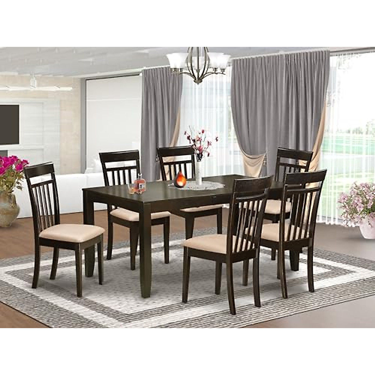 East West Furniture LYCA7-CAP-C Lynfield 7 Piece Room Set Consist of a Rectangle Wooden Table with Butterfly Leaf and 6 Linen Fabric Kitchen Dining Chairs, 36x66 Inch, Cappuccino