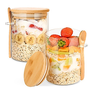 2 Pack 25oz Large Overnight Oats Containers with Lids, Overnight Oats Jars with Spoons, Glass Jars with bamboo Lids,salad jars with lids meal prep for Chia Seed Pudding Yogurt Cereal Coffee Flour